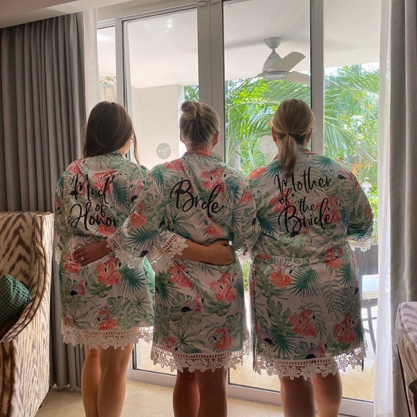 Tropical Leaf Print Robes, Bridal Party Robes, Silk Robes, Flamingo ...
