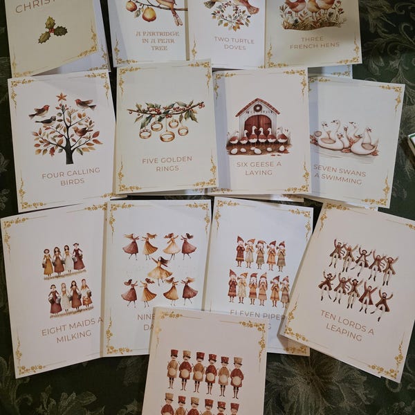 12 Days of Christmas Printable Cards, Twelve Days of Xmas Set, Instant ...