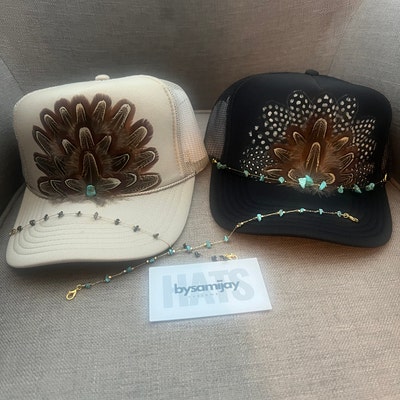 FEATHER Trucker Hat With Turquoise Stone, Western Fashion Black White ...