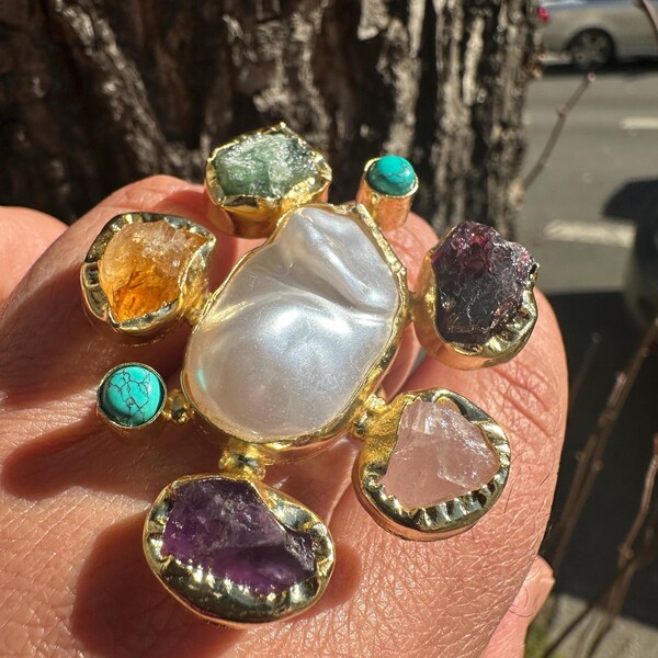 Multi Gemstone Gold Ring Big Extra Large Chunky Statement Baroque Pearl ...