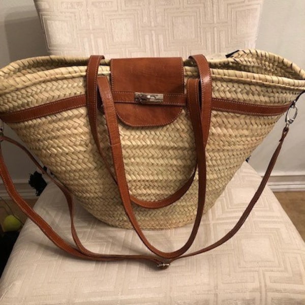 Handmade Large Straw French Baskets With Leather Straps, Straw Basket ...