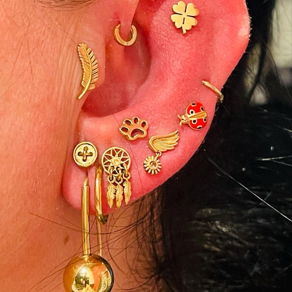 Ladybug Piercing, 14K Solid Gold Ladybird Earring, Animal Jewelry ...