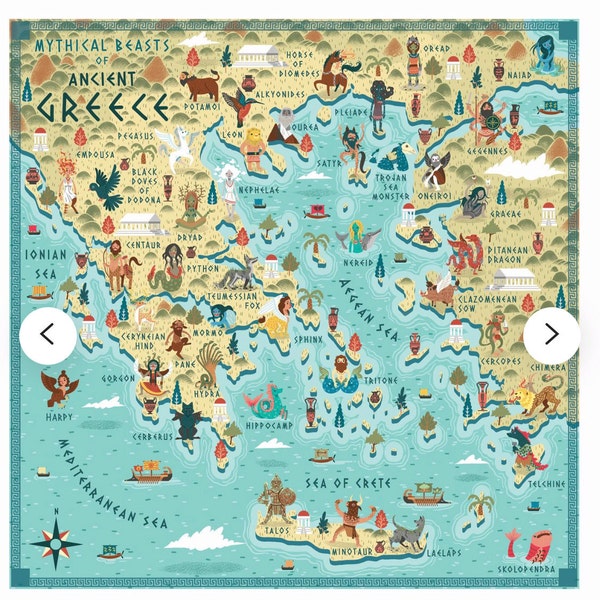 Illustrated Map, Mythical Beasts of Ancient Greece, Art Print -poster ...
