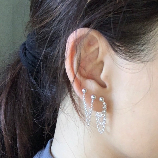 Double Chain Earring - Front and Back Behind Ear - Sterling Silver or ...