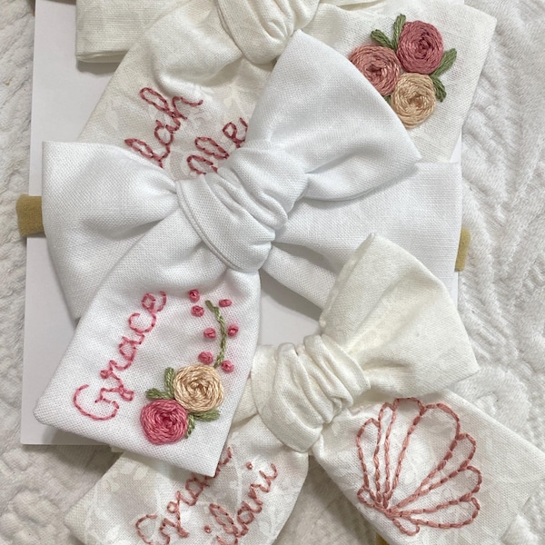 Floral Hand Embroidered Bow - Two Roses - Hand Embroidered Name Bow ...