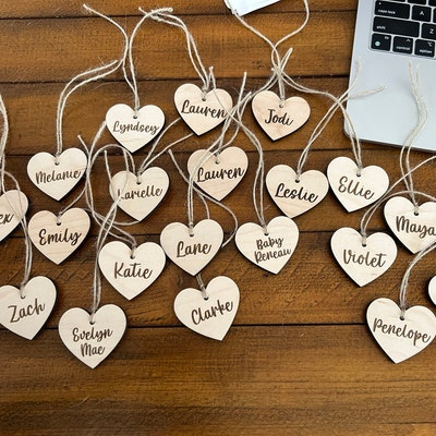Wooden Heart Name Tag // Engraved Heart Name Tag // Wedding Labels ...