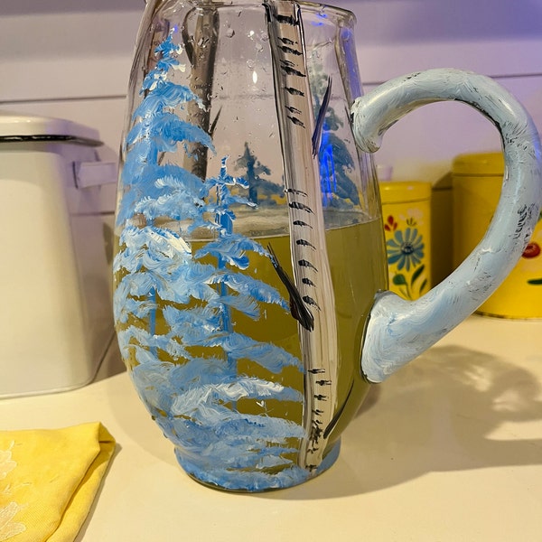 Hand Painted Glass Pitcher: Blue Pine & Birch Winter Scene (90oz) - Etsy