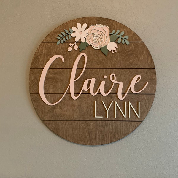 24" Custom Wood Baby Name Sign | 24" Round Sign | Floral | Shiplap ...