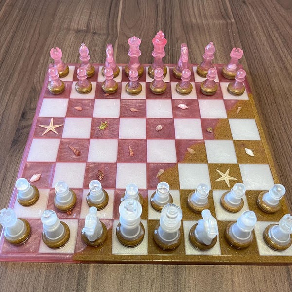 Beach Chess Set With Natural Wooden Storage, Ocean Beach Themed Resin ...