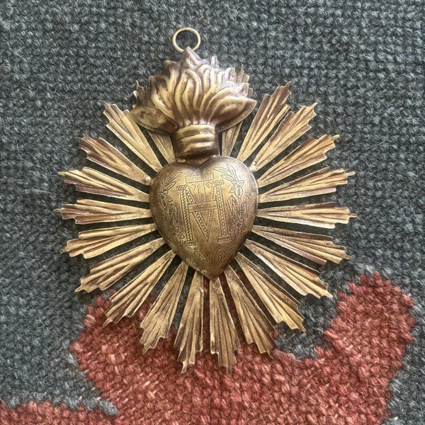 Sacred Heart, Red Center With Rustic Crystals, Catholic Heart, Exvoto ...