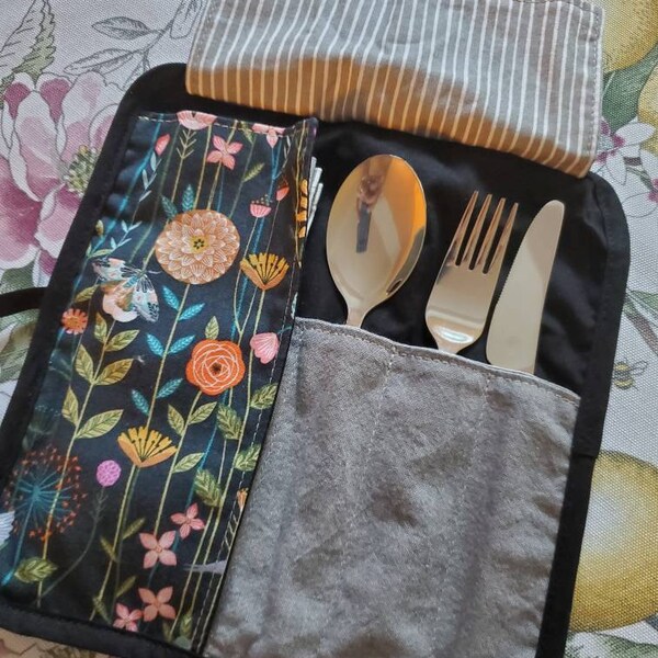 5-slot Utensil Wrap With Napkin, Cotton Utensil Carrier, Silverware ...