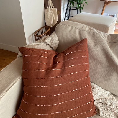 Rust With White Woven Stripes Pillow Cover, White and Rust Pillow ...