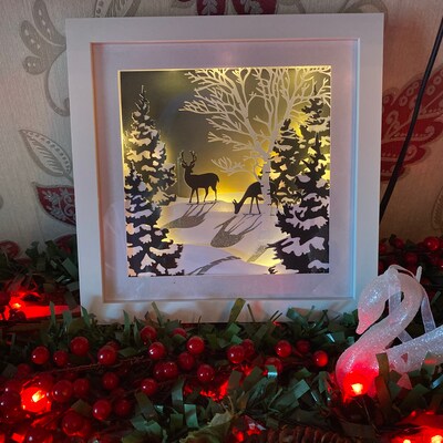Woodland Deer in Moonlight 3D Light up Shadow Box Set in High Quality 9 ...