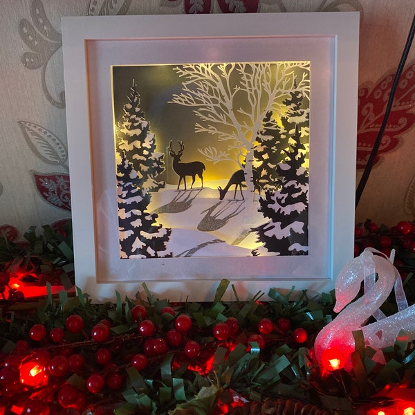 Woodland Deer in Moonlight 3D Light up Shadow Box Set in High Quality 9 ...