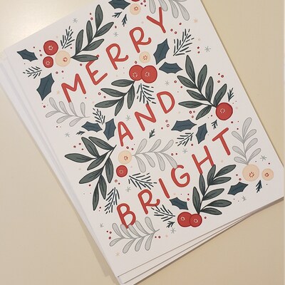 Merry and Bright Christmas Cards Set of 8 or Individual Greeting Card ...