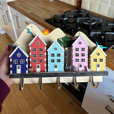 Wooden Key Holder 5 Colorful House Key Hooks Cute Color Wooden Houses 5 ...