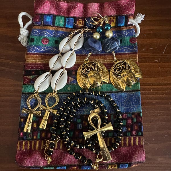 Gold Ankh Triple Cowrie Shell Dangle Earrings, Egyptian, Statement ...
