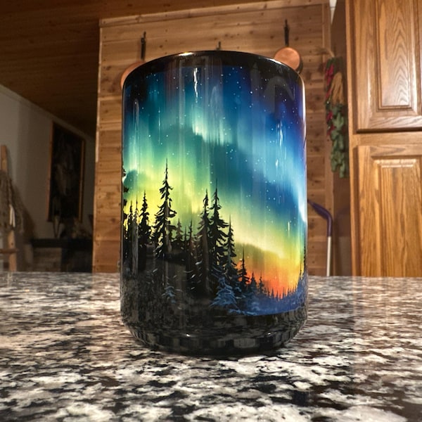 Northern Lights Mug Aurora Borealis Coffee Cup With Pine Trees Black ...