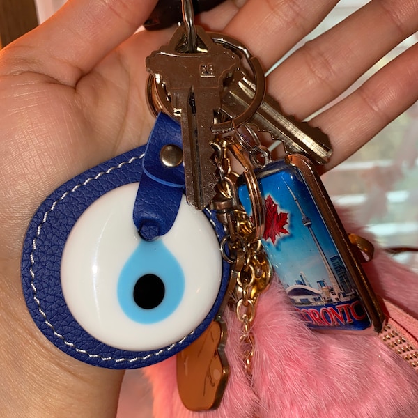 Blue Leather Evil Eye Keychain, White Evil Eye Beads, Housewarming Gift ...
