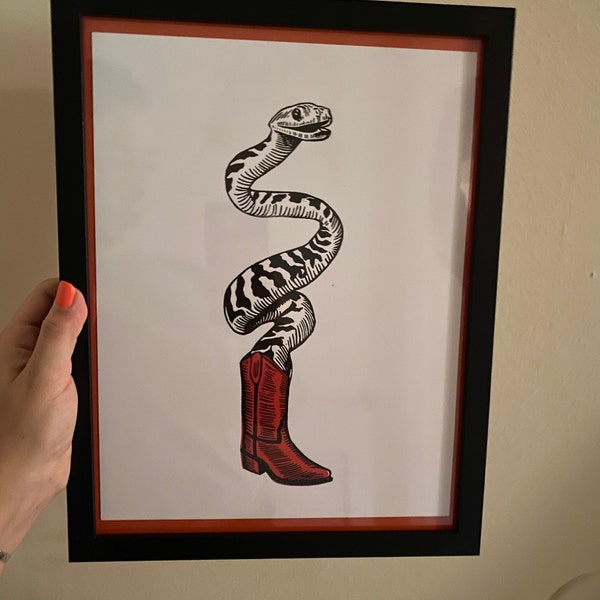 SNAKE in BOOT PRINT, Linocut, Print, Block Print, Snake, Snake Art ...