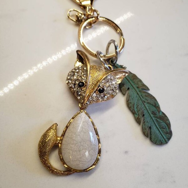 White Fox Keychain, Fox Key Fob, Rhinestone Key Chain, Fox Pendant ...