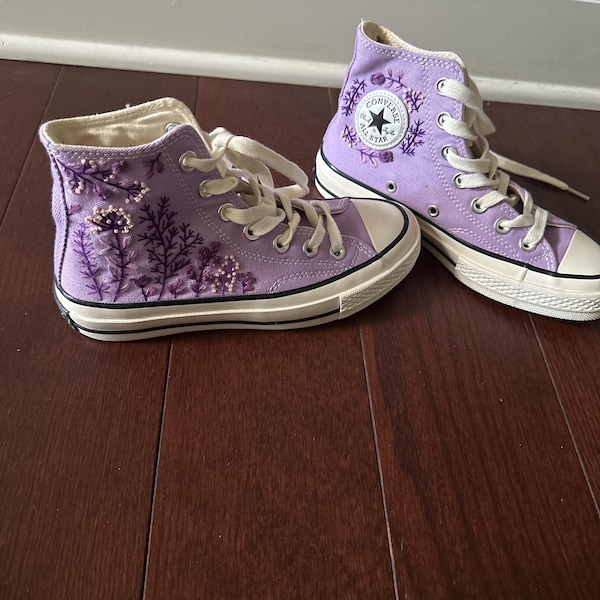 Embroidered Converse Custom, Purple Converse Embroidery Flower, Purple ...