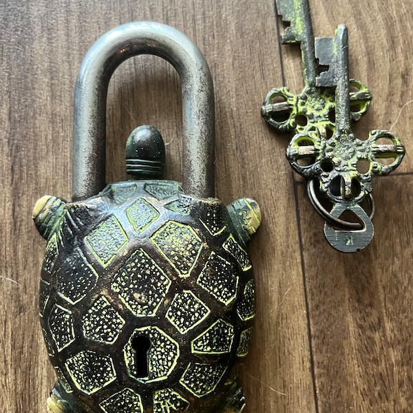 Handmade Brass Turtle Padlock: Green & Gold Decorative Lock With Keys ...