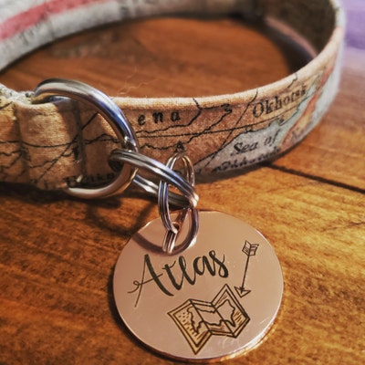Hand Stamped Atlas Map Pet ID Tag Arrow Dog Tag Double Sided - Etsy