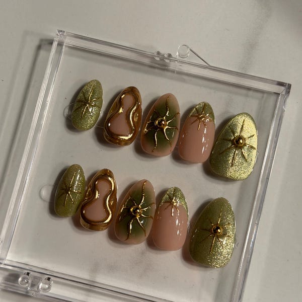 Aura Cat Eye Nails/bling Green Press on Nails Long Almond Nails/sun ...
