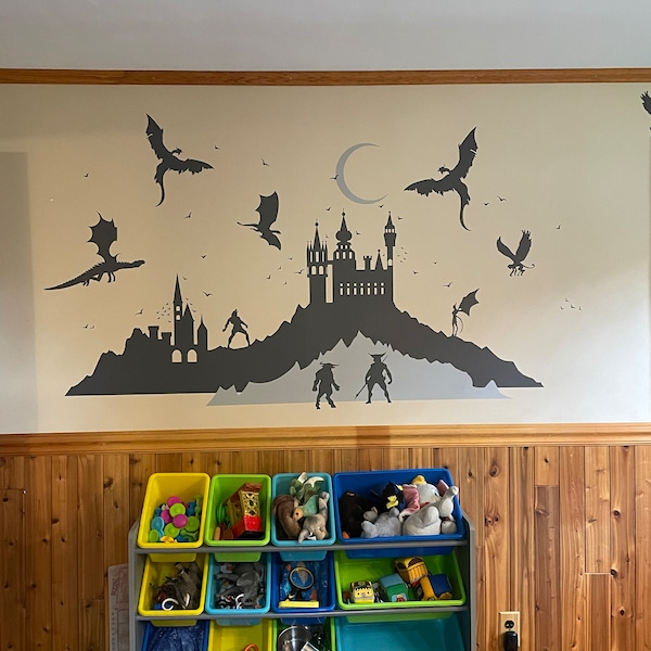 Fantasy Wall Castle Decal, Moon, Castle and Flying Dragon Landscape ...