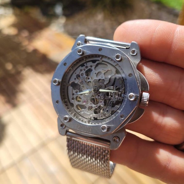Unusual Watch for Man. Mechanical Automatic Skeleton Movement. Silver ...