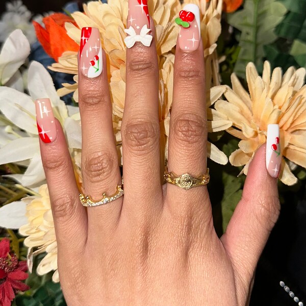 Red Peppermint Candy Cane Christmas Press on Nails 3D Charm Winter ...