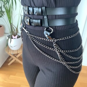 Edgy Black Leather Double Belt With Chains - Etsy