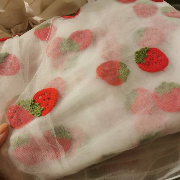 Red Strawberry Fabric, Strawberry Embroidery Tulle Lace Fabric Net ...