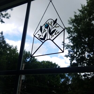 Stained Glass Green Clear Envelope Suncatcher Woman Gift Home Decor Art ...