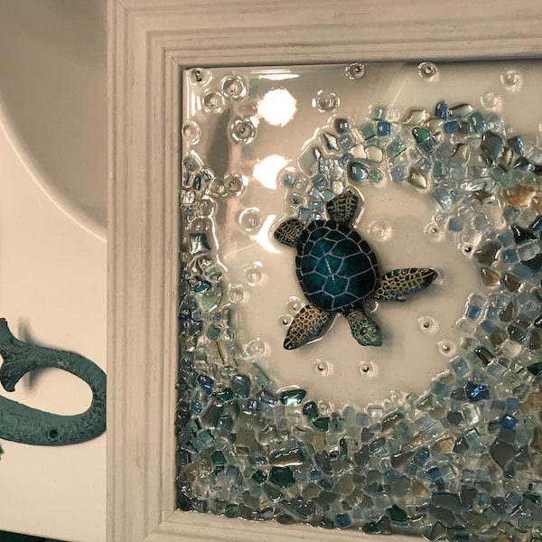 Blue Sea Turtle & Crushed Glass Wave , 8" X 10" Distressed White or ...