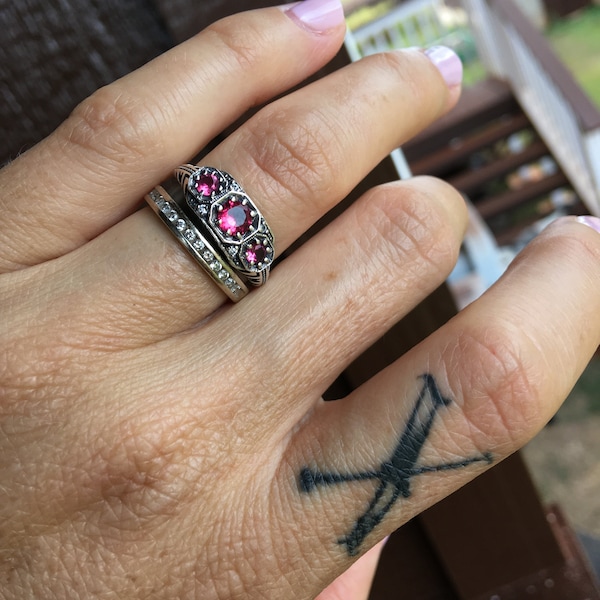 Ruby Ring/ Solid Sterling Silver/ Simulated or Natural Red Ruby Trinity Dainty 3stone Art Deco ...