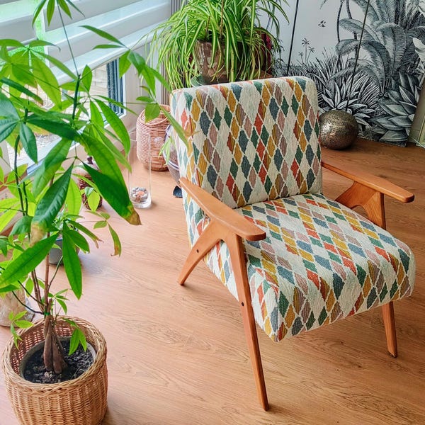 Mid-century Modern Armchair in Beige Linen, Handmade Vintage-style ...