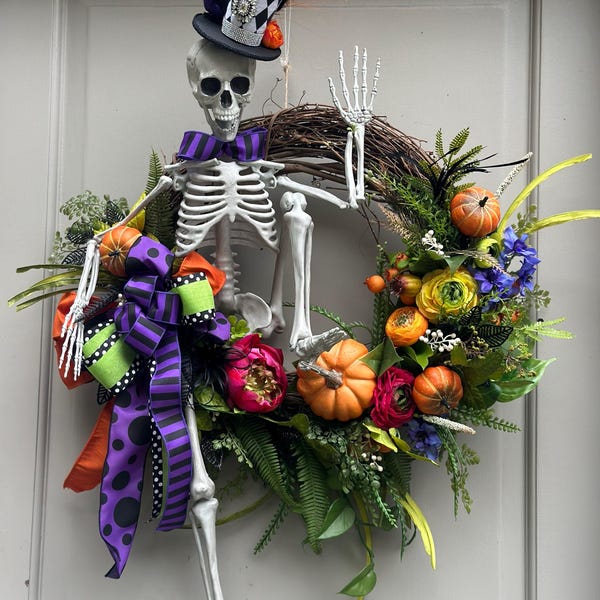 XL Skeleton With Top Hat Wreath, Glam Skeleton Swag, Halloween Skeleton ...
