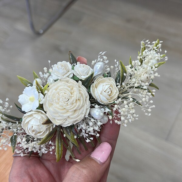 Ivory Flower Comb Wedding, Dried Flower Hair Comb, Baby's Breath Bridal ...