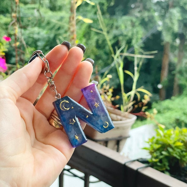 Galaxy Keychain, Moon and Stars, Initial Letter Resin Keychain, Milky ...
