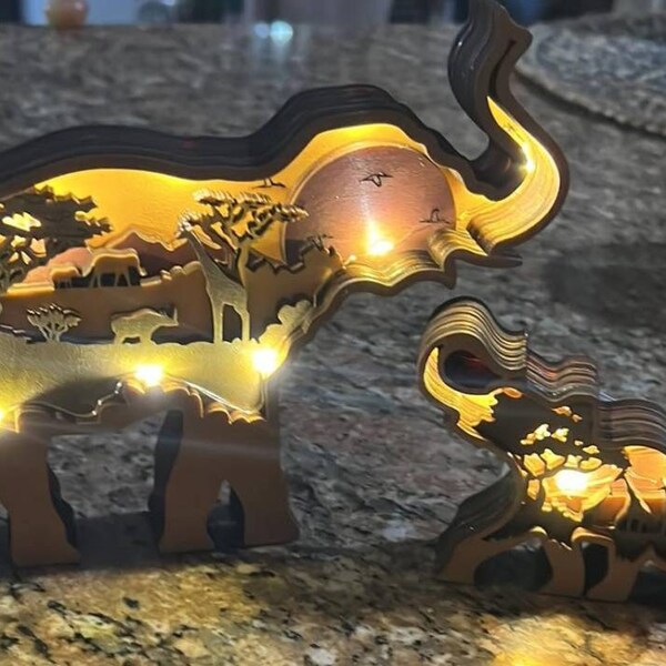 3D Wooden Elephant Decoration With Light,wooden Animal Craft,wooden ...