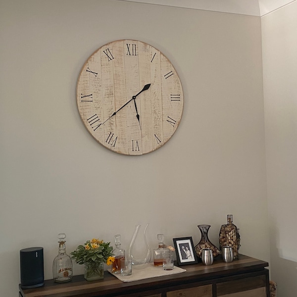 Large Wall Clock / Rustic Grey With Roman Numerals / Made From Rough ...