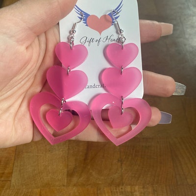 Frosted Pink Nesting Hearts Acrylic Earrings Laser Cut Heart - Etsy
