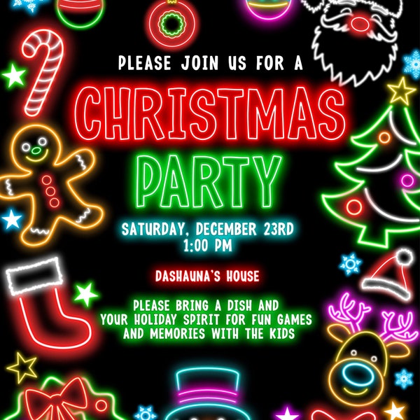 Editable Neon Christmas Party Invitation, DIGITAL Holiday Party Invite ...