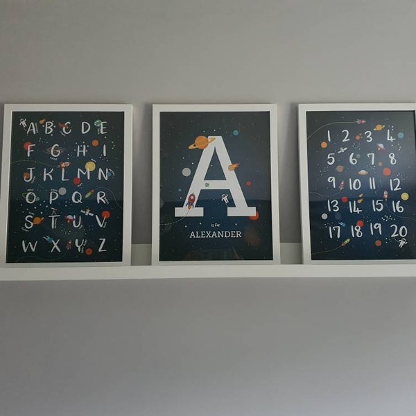 Space Wall Art Set of 3 Prints, Custom Baby Name Print, Personalized ...