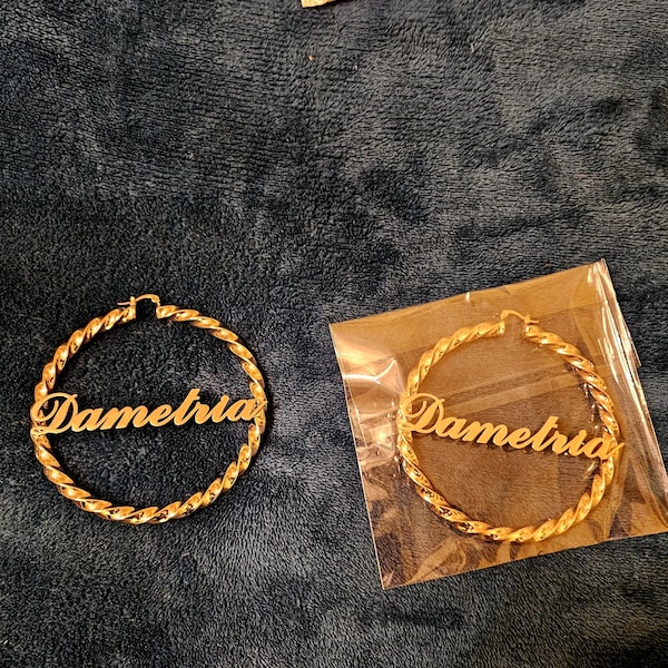 Nameplate Bamboo Earrings, Custom Name Earrings, Gold Bamboo Hoops ...
