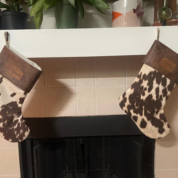 Cow Print Christmas Stockings, Cowhide Print, Burnt Orange, Tri Color ...