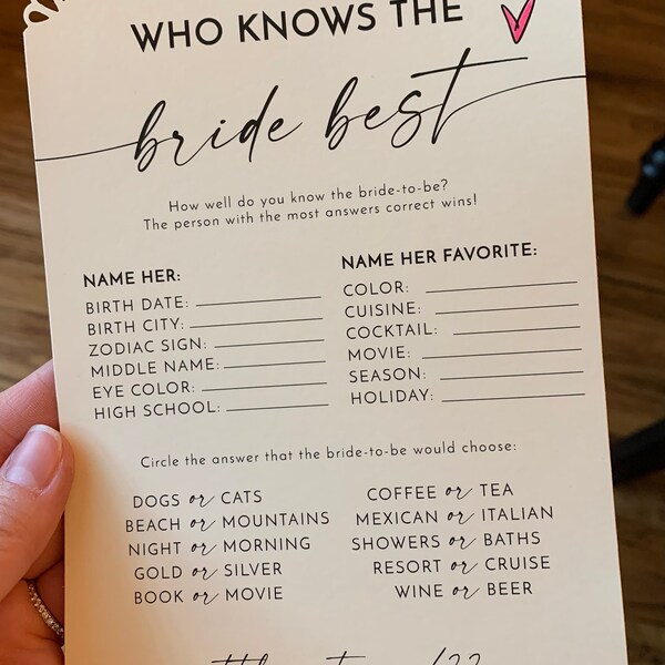 Who Knows the Bride-to-be Best Game, Modern Bridal Trivia Shower ...
