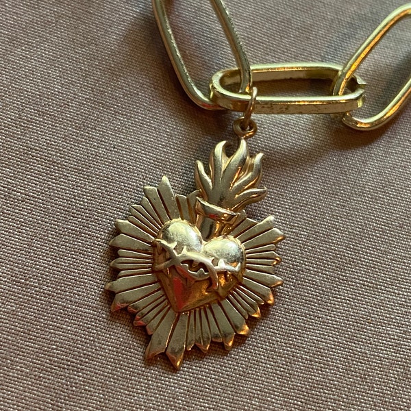 Gold Sacred Flaming Heart With Thorns Charm Necklace 14k Gold Filled ...